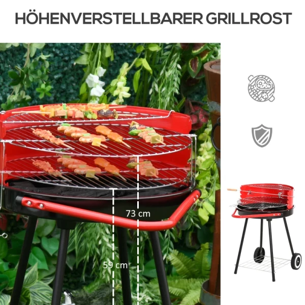 Houtskoolgrill Ronde Grill Staande Grill Op Wielen Met Rooster BBQ ...